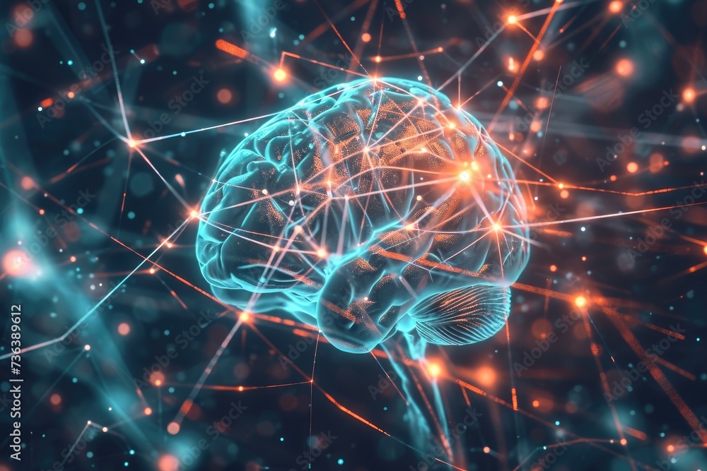 This computer-generated image shows a detailed 3D illustration of a human brain, highlighting ...