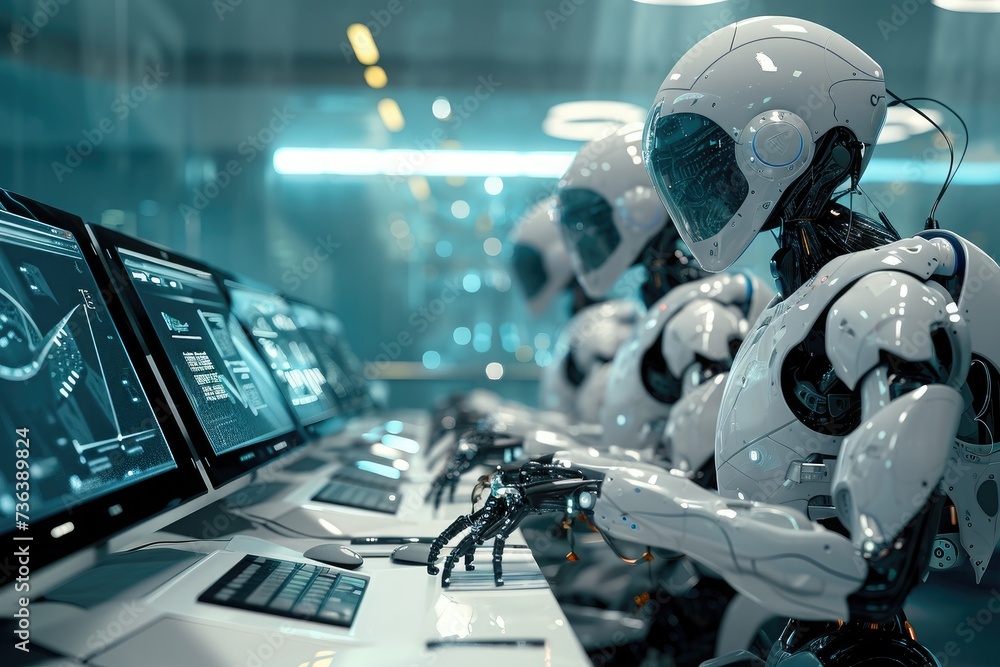 A group of robots are sitting together at a computer desk, engaged in ...