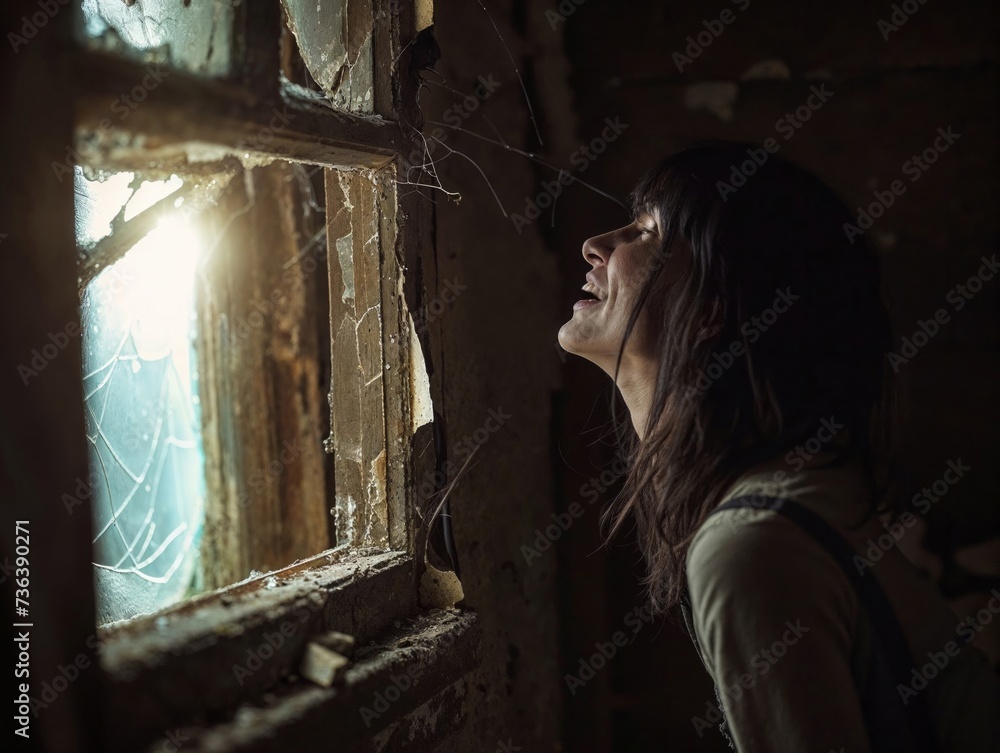 Woman gazing out of a broken window, finding light in a dilapidated ...