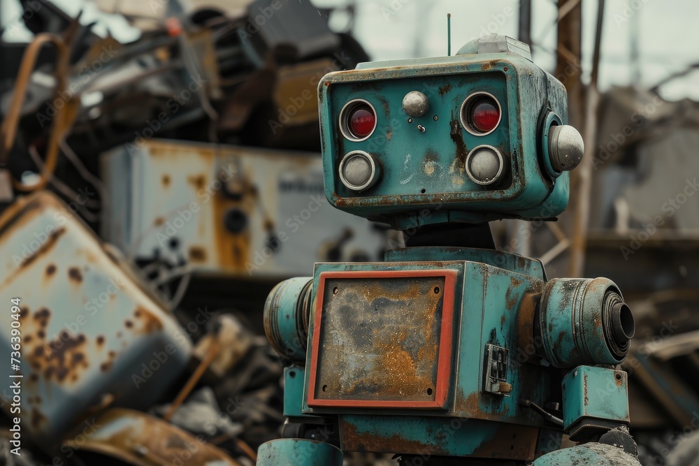 A robot stands tall, facing forward, in front of a large, haphazard ...