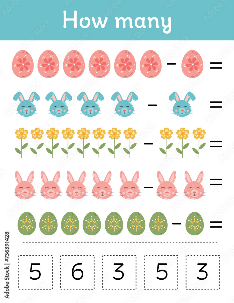 Easter printable educational math worksheet. Subtraction, counting ...