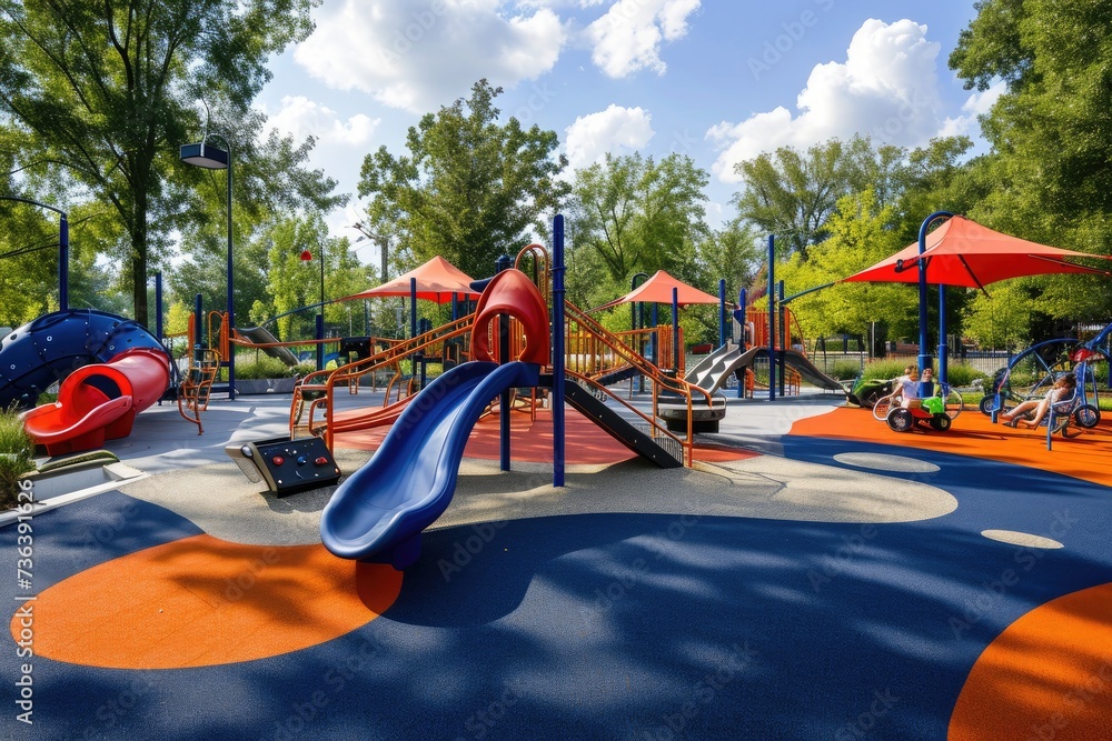 A colorful and lively childrens play area featuring a slide and swings ...