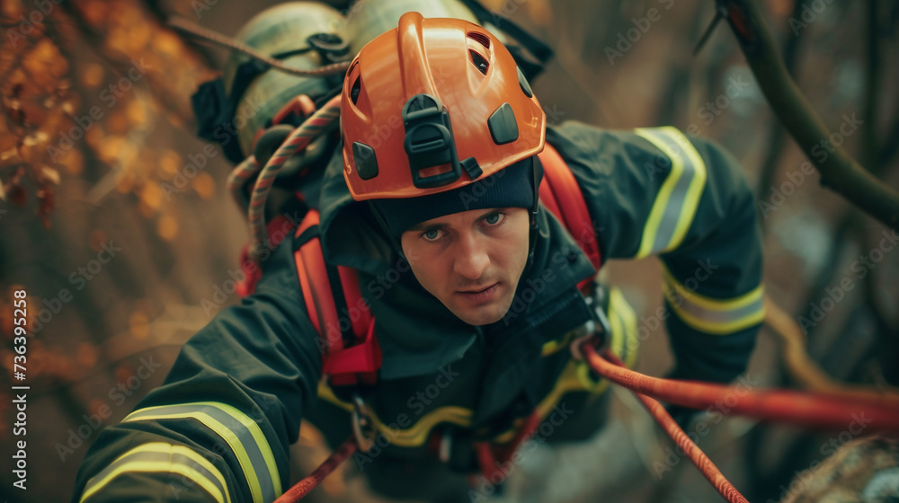 fearless fireman during an exercise carries the stretcher with the ...