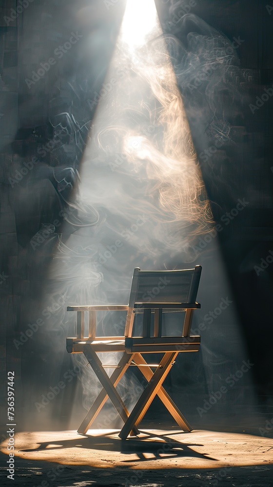 The director's chair stands in a beam of light with an backlight. Free ...
