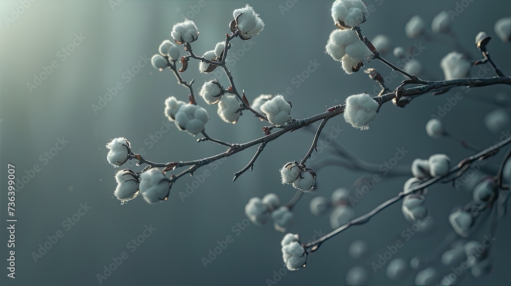 the texture of a cotton branch, captured in sharp detail. The soft ...
