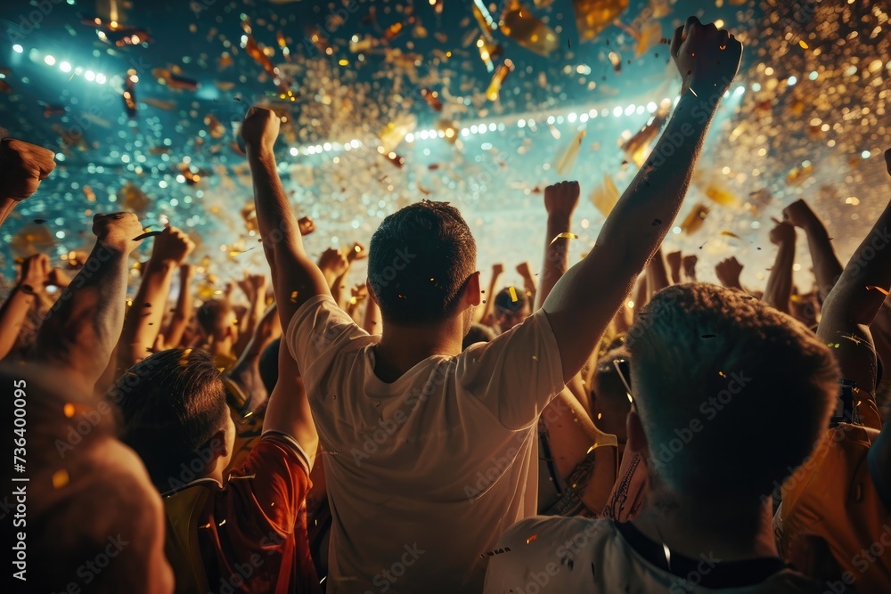 A lively crowd of people enthusiastically enjoying a concert, with ...