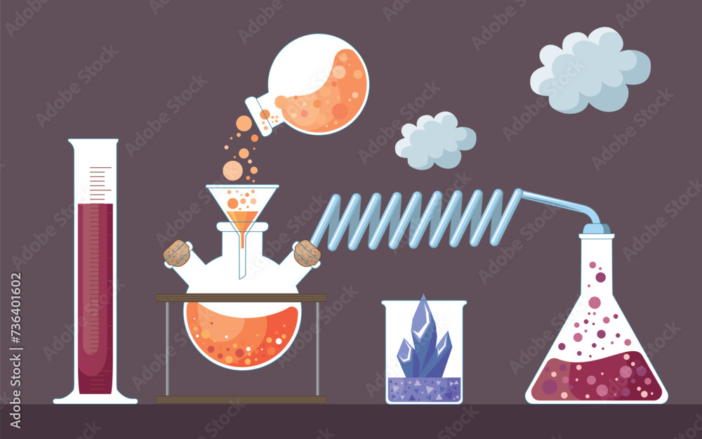 Background with a set of chemical equipment for experiments, vials ...