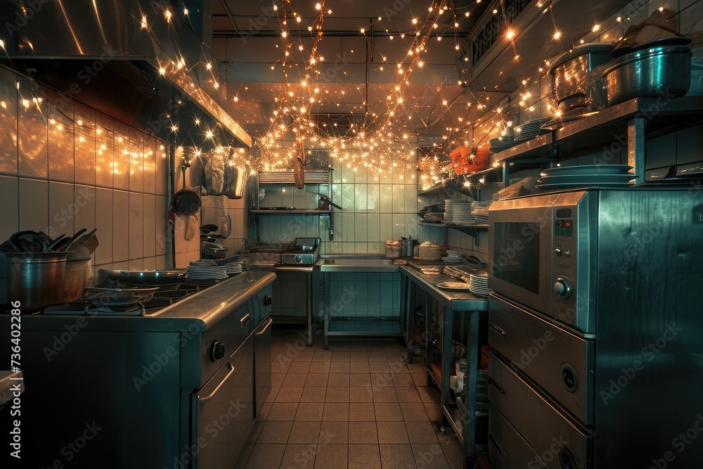 A well-lit kitchen featuring numerous lights suspended from the ceiling ...