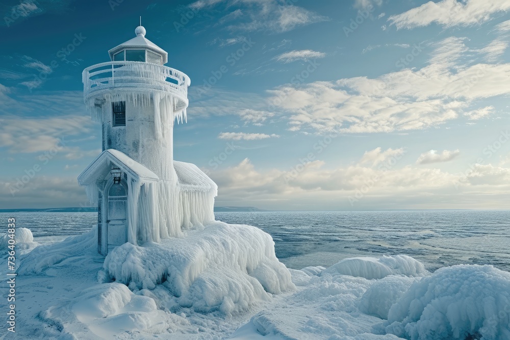 A lighthouse stands tall and strong amidst a heavy snowfall, its ...