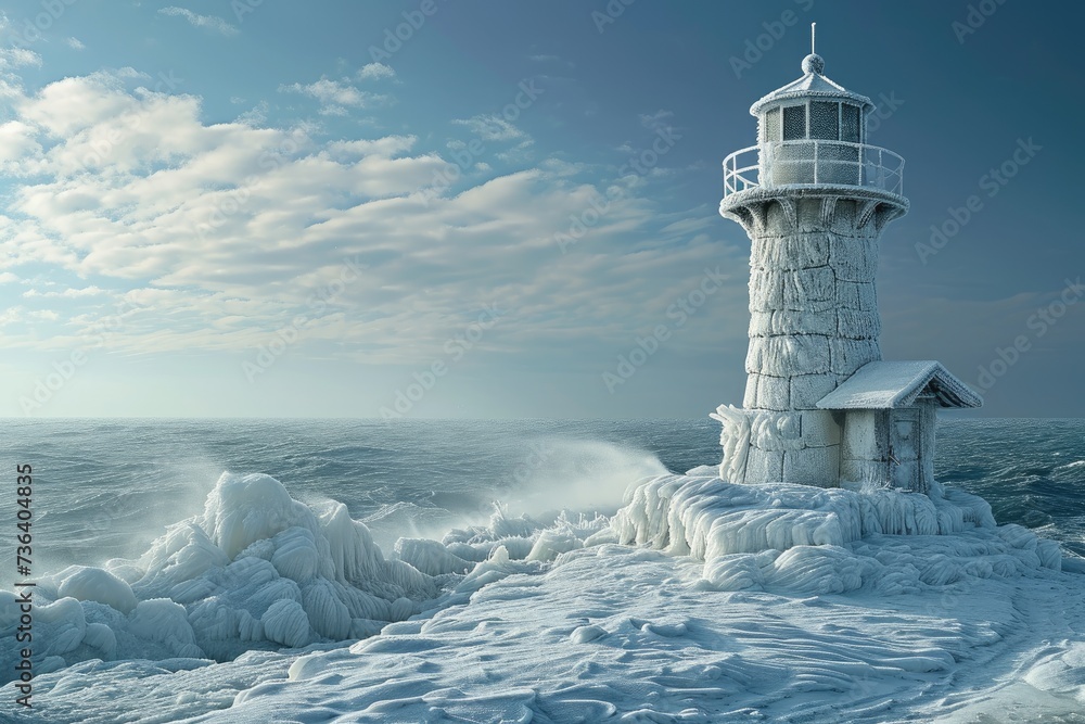 A towering lighthouse with a strong beam of light stands proudly amidst ...