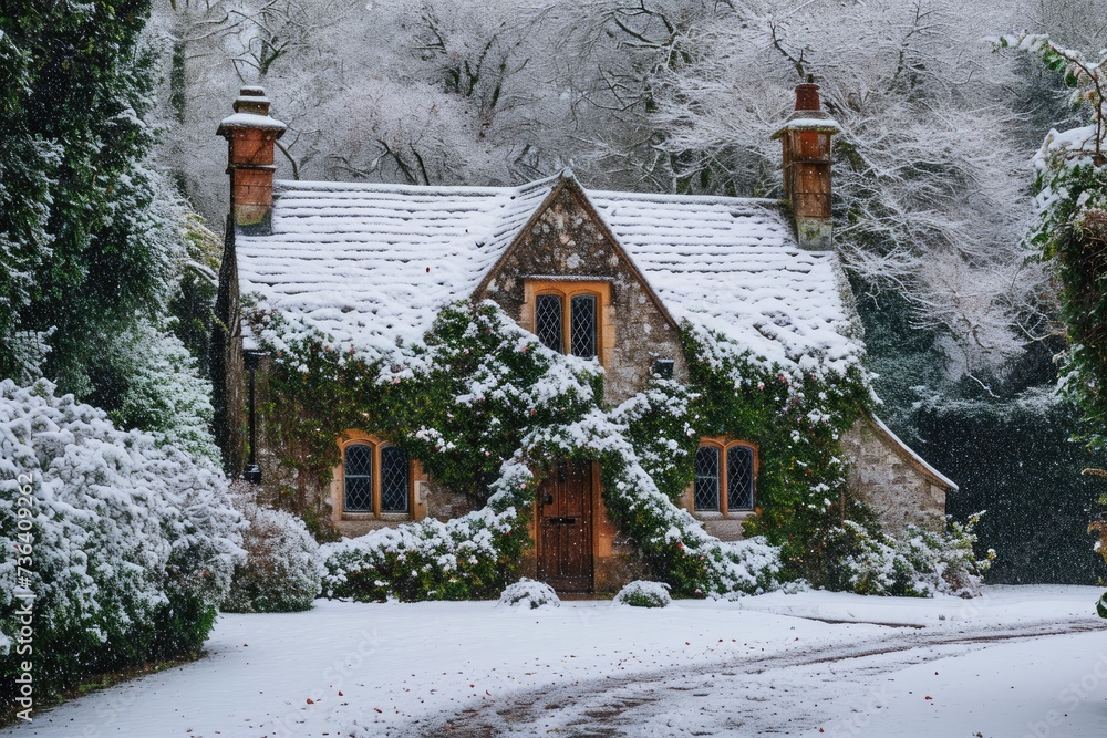 A house covered in snow stands next to a cluster of trees in a winter ...