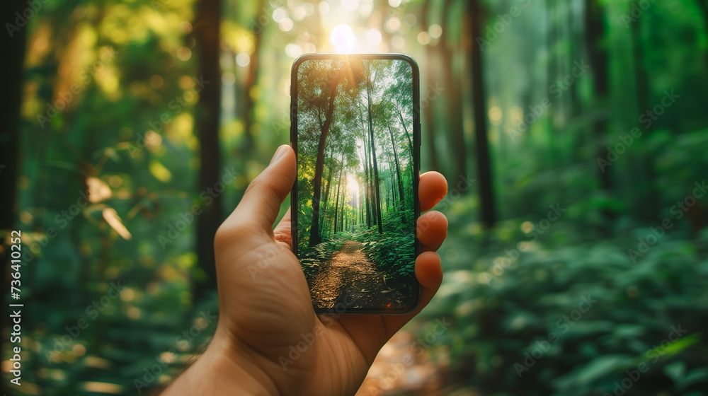 Smartphone capturing the beauty of a sunlit forest path, blending ...