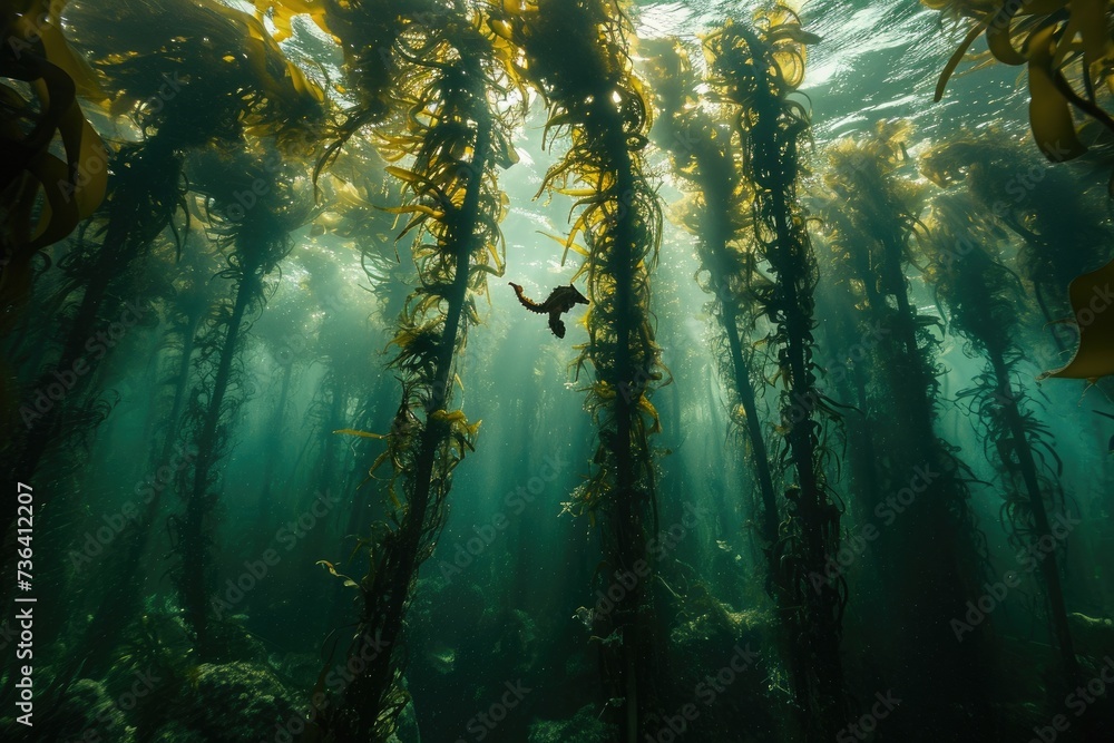 Explore the vibrant underwater world of a dense kelp forest, populated ...