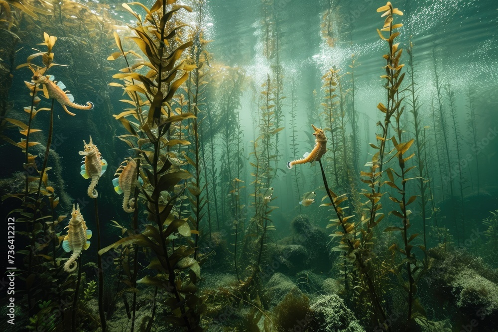 This photo captures the underwater scene of seaweed and seahorses ...