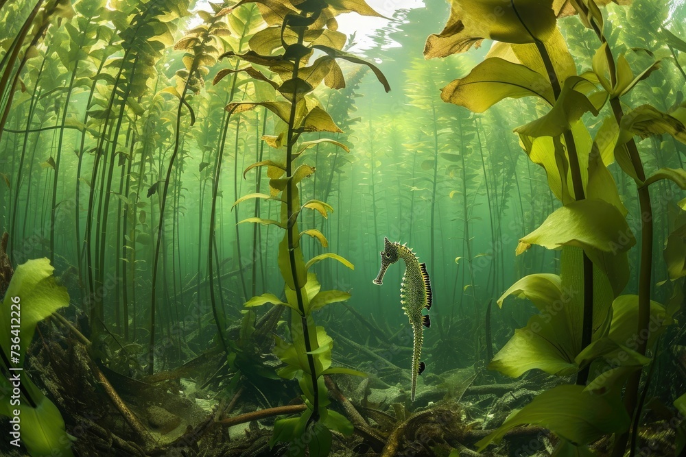 A seahorse blending into a dense forest of seaweed in its natural ...
