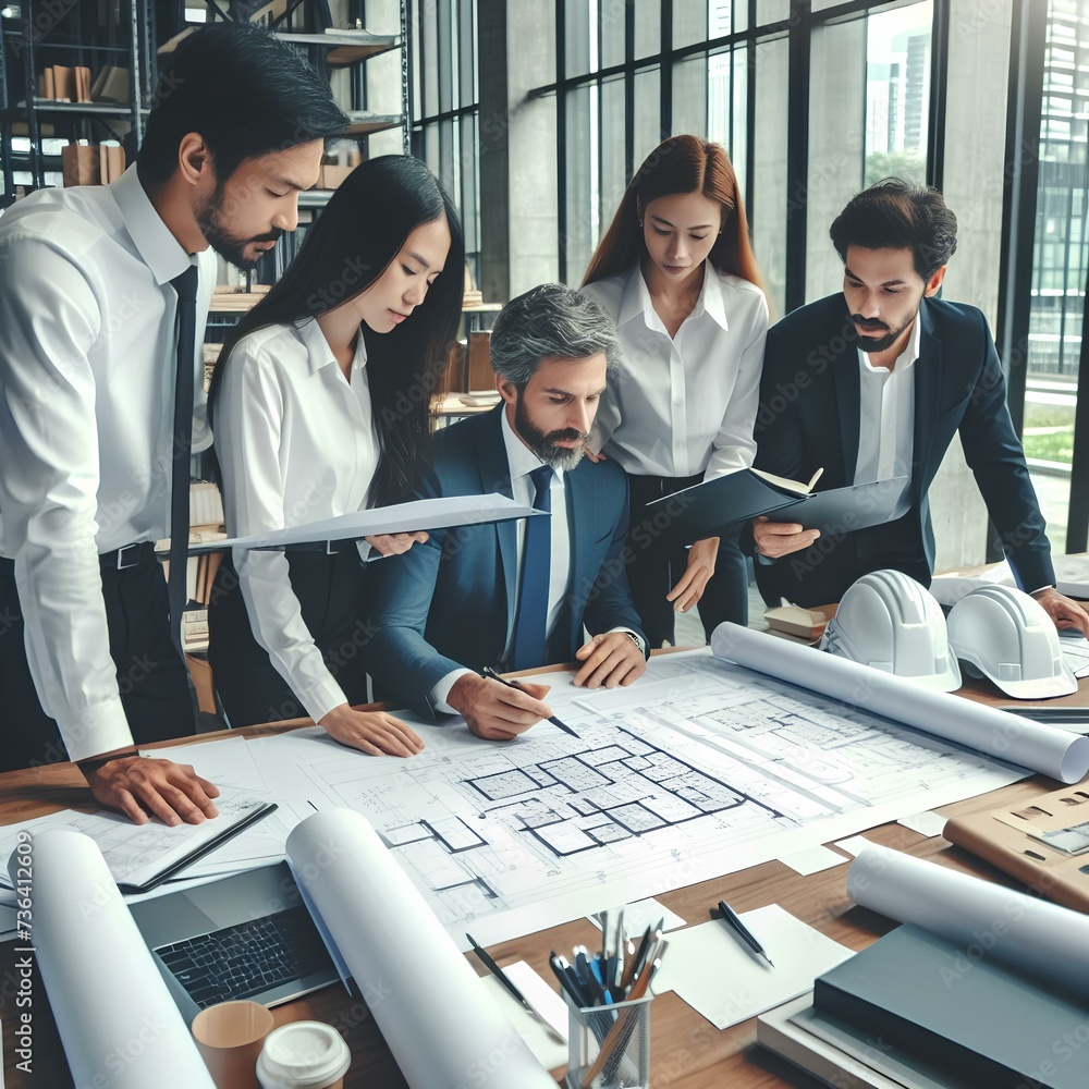 Architect team, blueprint and collaboration in meeting for architecture ...