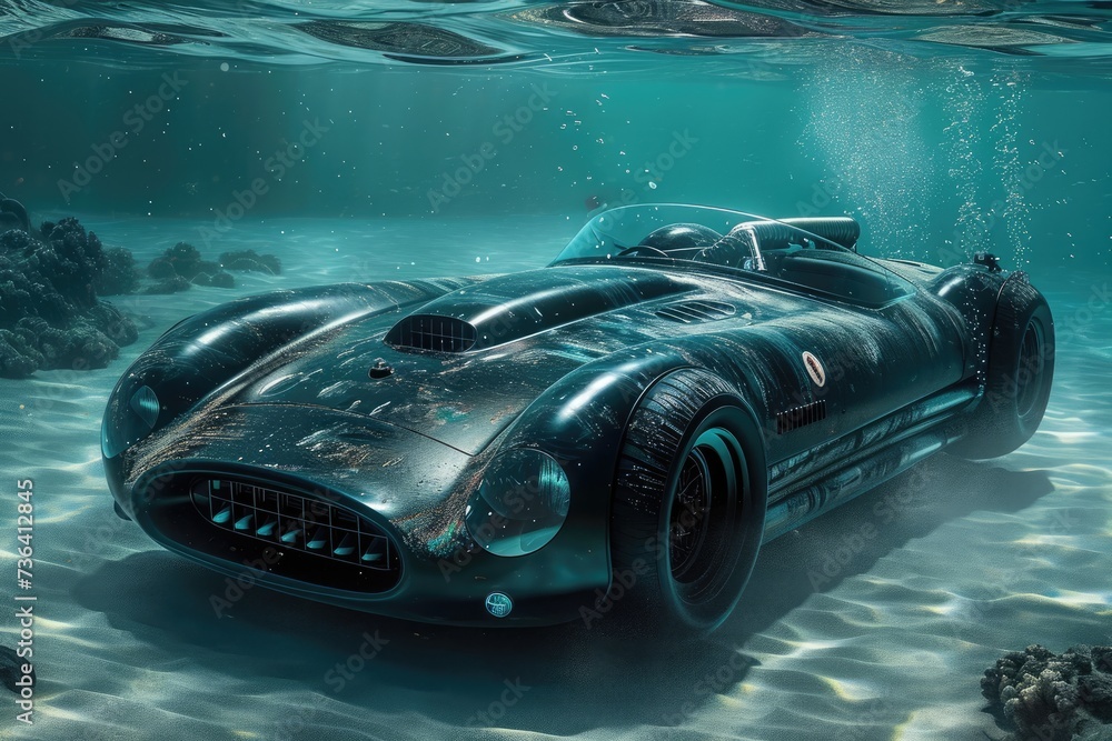 A car is seen submerged underwater, surrounded by a multitude of ...