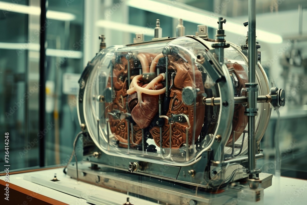 The photo shows a highly intricate machine with a visible heart at its ...
