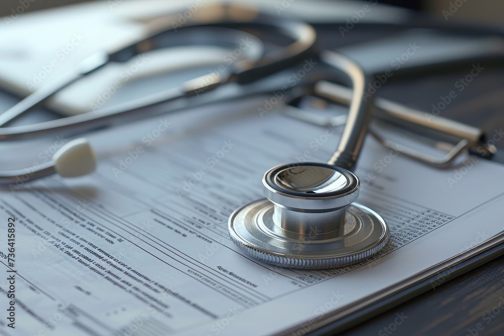 A stethoscope is placed on top of a medical document, ready for use by ...