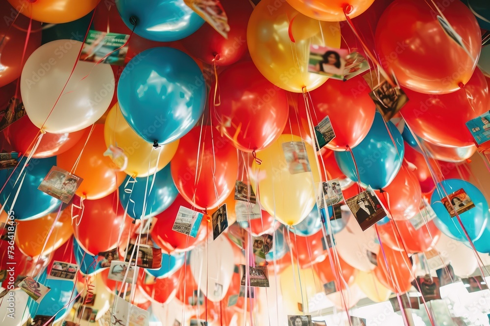 A festive display of a bunch of vibrant balloons hanging from the ...