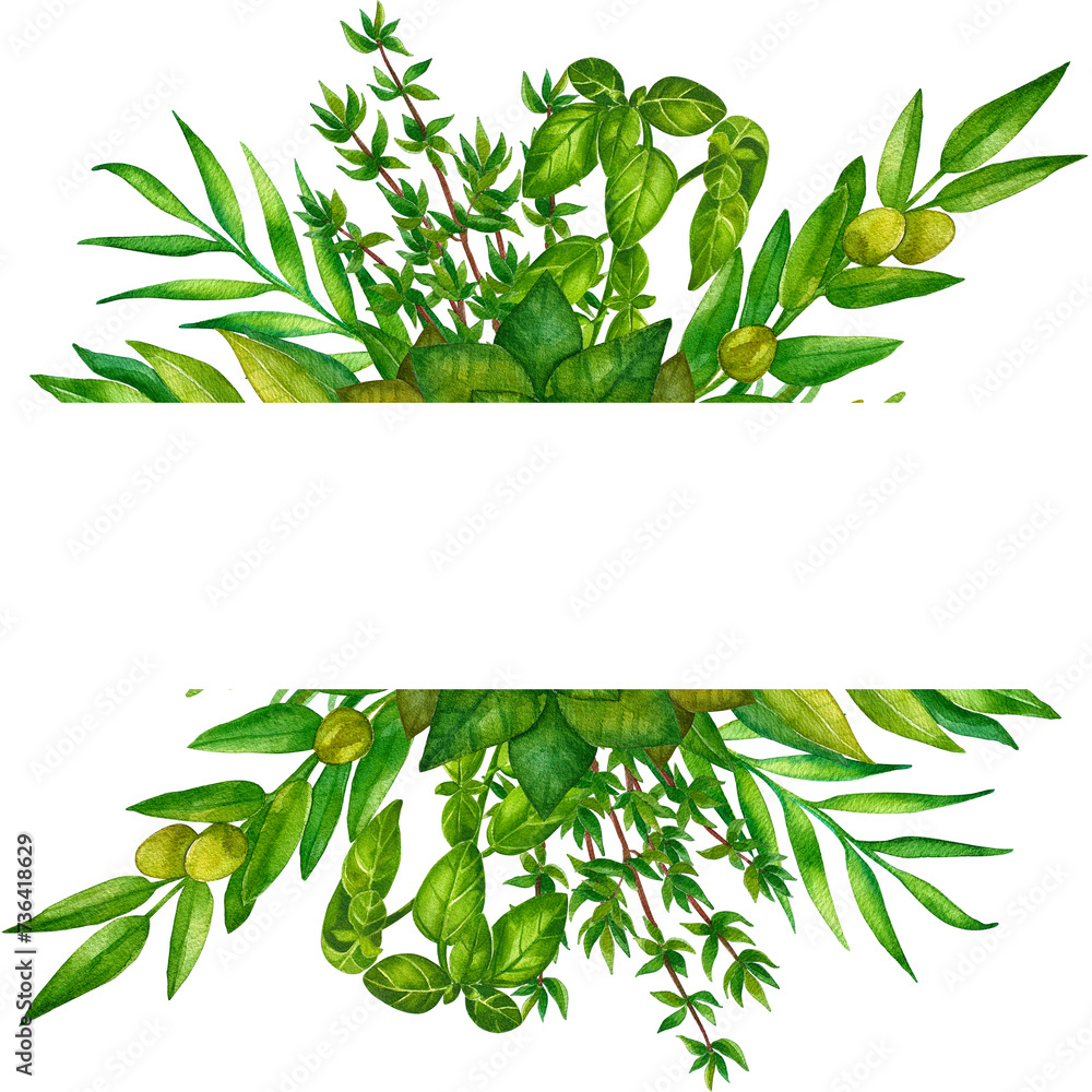 Watercolor hand painted banner with green leaves and branches. Spring ...