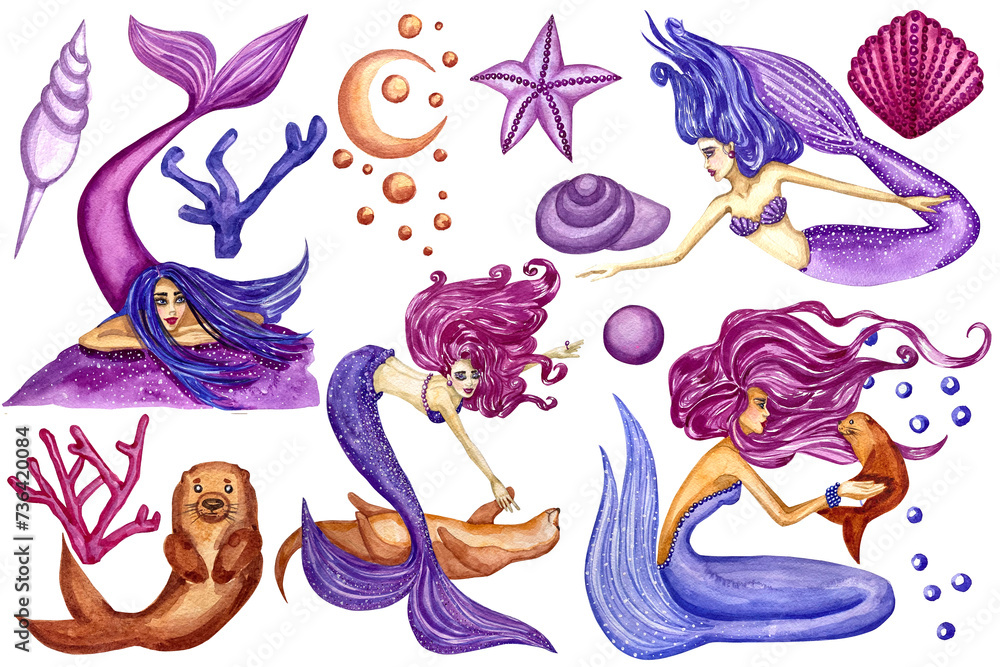 Collection with 4 cute little mermaids, sea turtle, whale, starfish ...