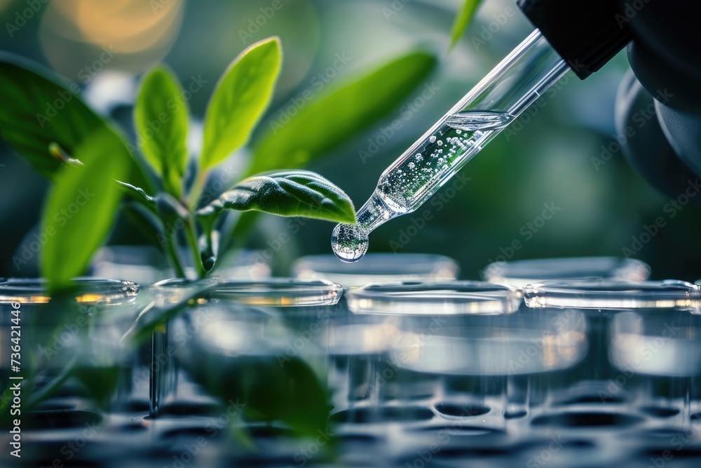 A vibrant green plant is steadily growing inside a transparent test ...