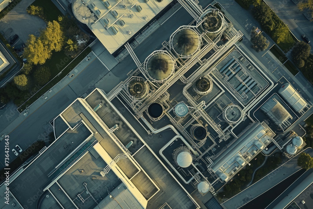 This aerial photo showcases a contemporary building featuring a ...