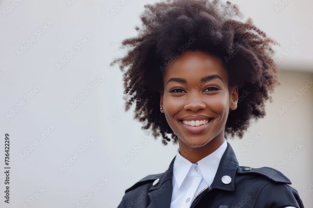 Afro woman wearing security guard or safety officer uniform on duty ...