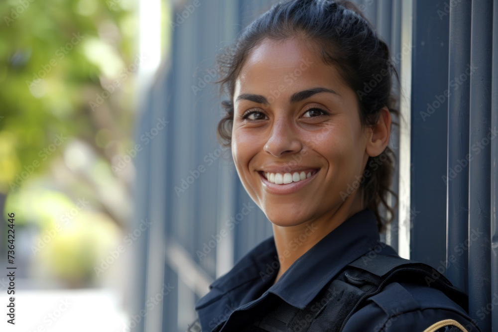 Hispanic woman wearing security guard or safety officer uniform on duty ...