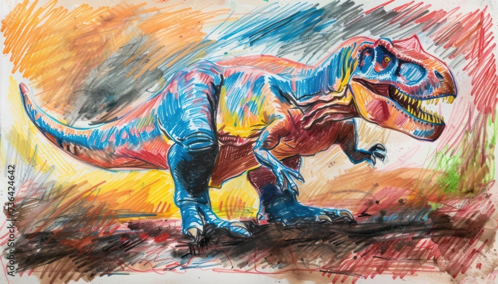 Tyrannosaurus rex. Colorful T rex, children's drawing in a drawing book ...