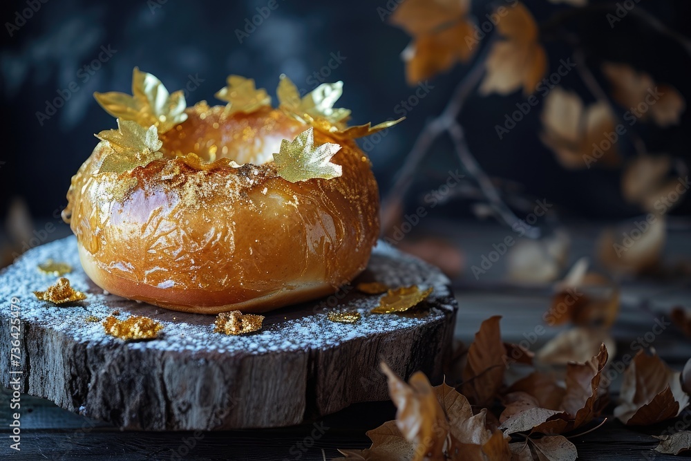 A detailed shot of a loaf of bread covered with green leaves ...