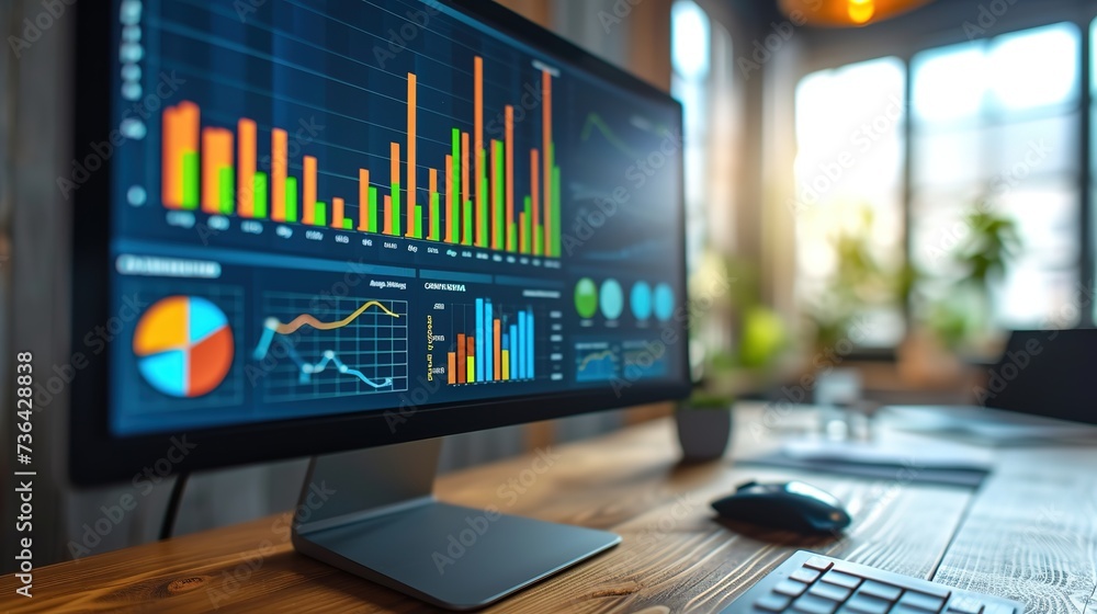 Office desktop with a high-resolution screen displaying advanced data ...