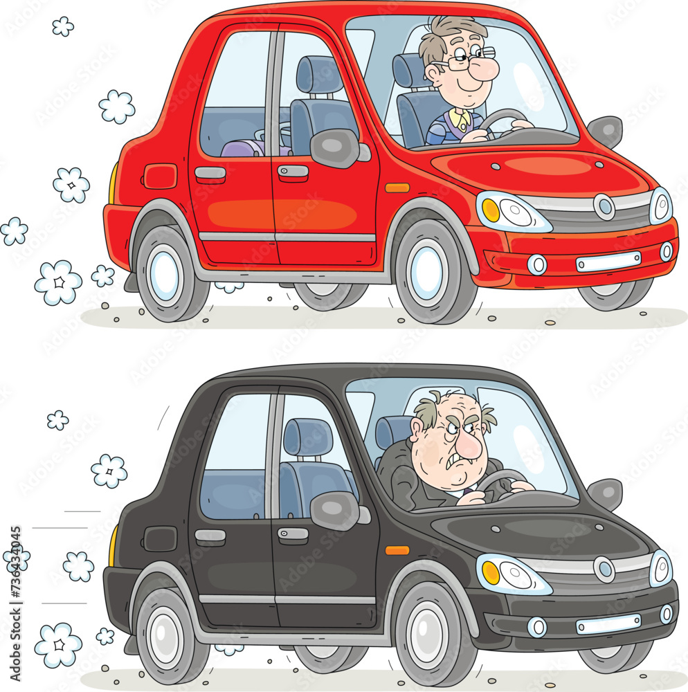 Good-humored and calm young driver and angry, aggressive old driver ...