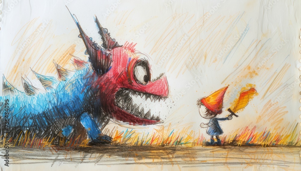 knight fighting off monsters, hand drawn by crayon Stock Illustration ...