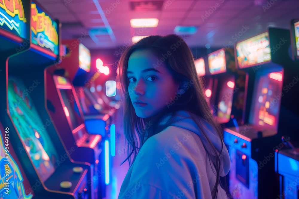 a girl playing in a retro game center with neon lights and arcade ...