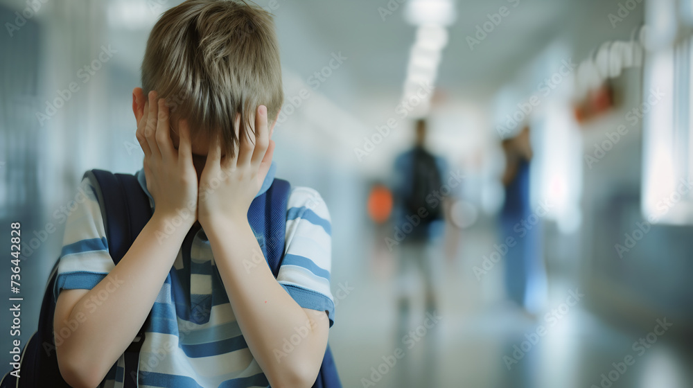 Upset elementary school boy covered his face with his hands while ...