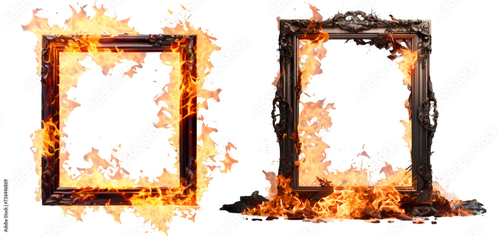 burning photo frame, vintage black metal square shape, frame on fire ...