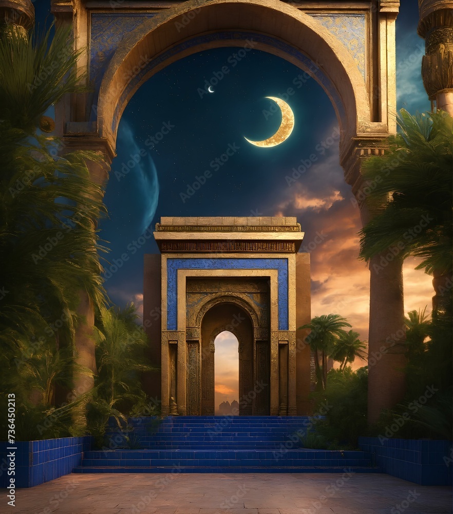 Photorealistic ancient world scene of the ominous Gate of Ishtar Temple ...