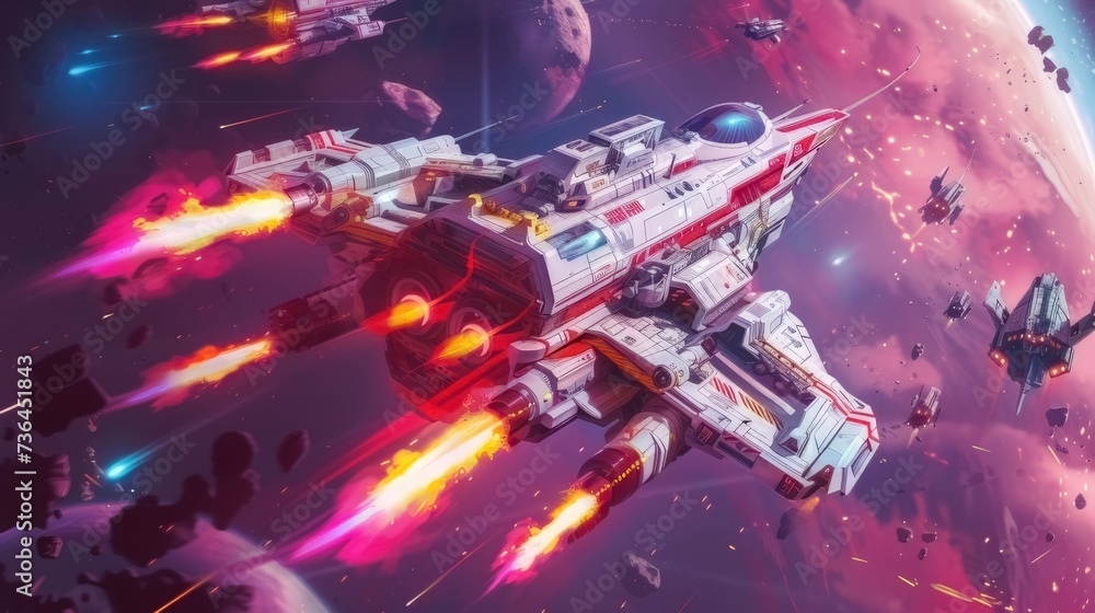 Interstellar War Scene with Battleships in Space Stock Illustration ...