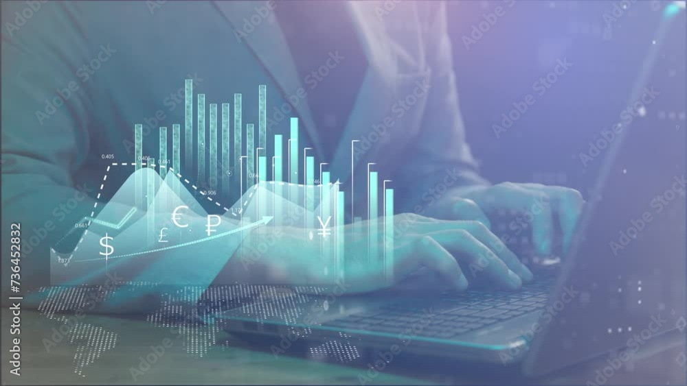 Cg footage about the digitalization of world currencies. A man works a ...