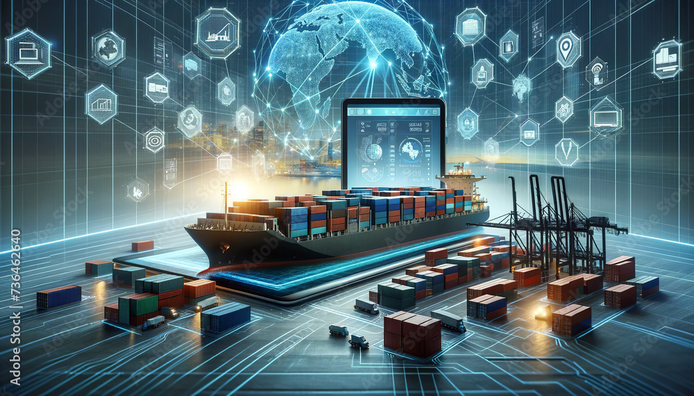 The image is a futuristic representation of a cargo ship in a ...