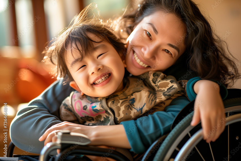 Mother hugging one happy mentally disabled child in a wheelchair ...