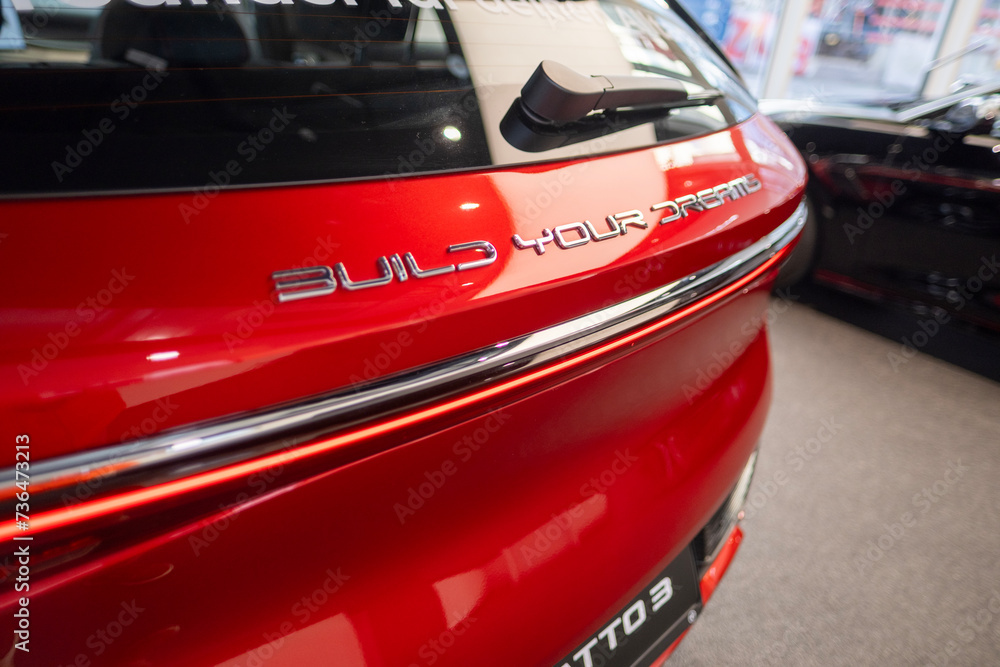 part of rear red BYD ATTO 3 Car with logo, Electric Vehicle Chinese BYD ...