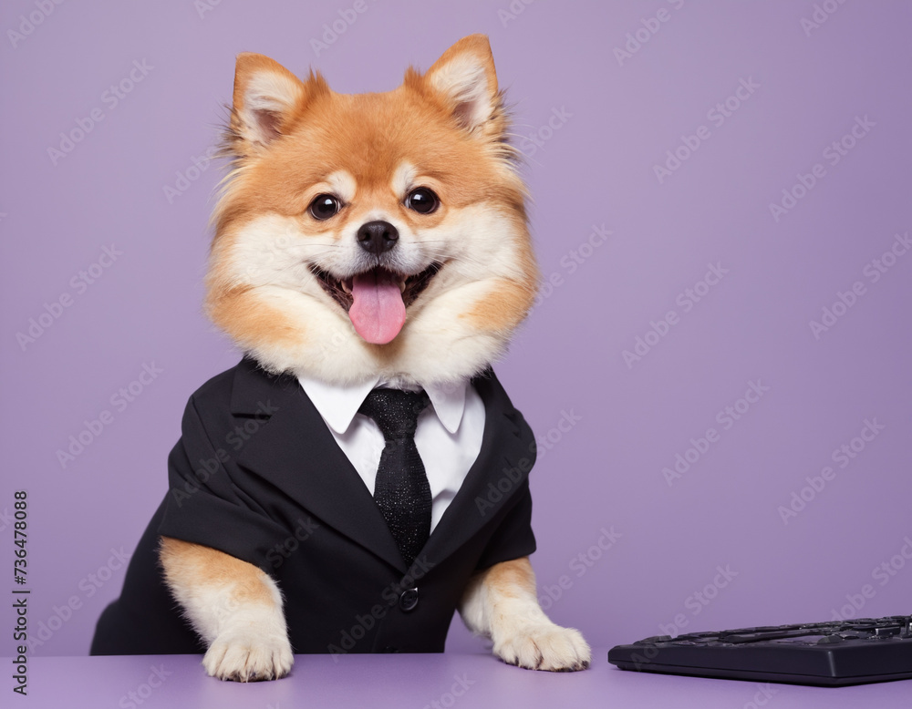 Cute fluffy mini Spitz dogs in men's suits with a tie. Pets in a jacket ...