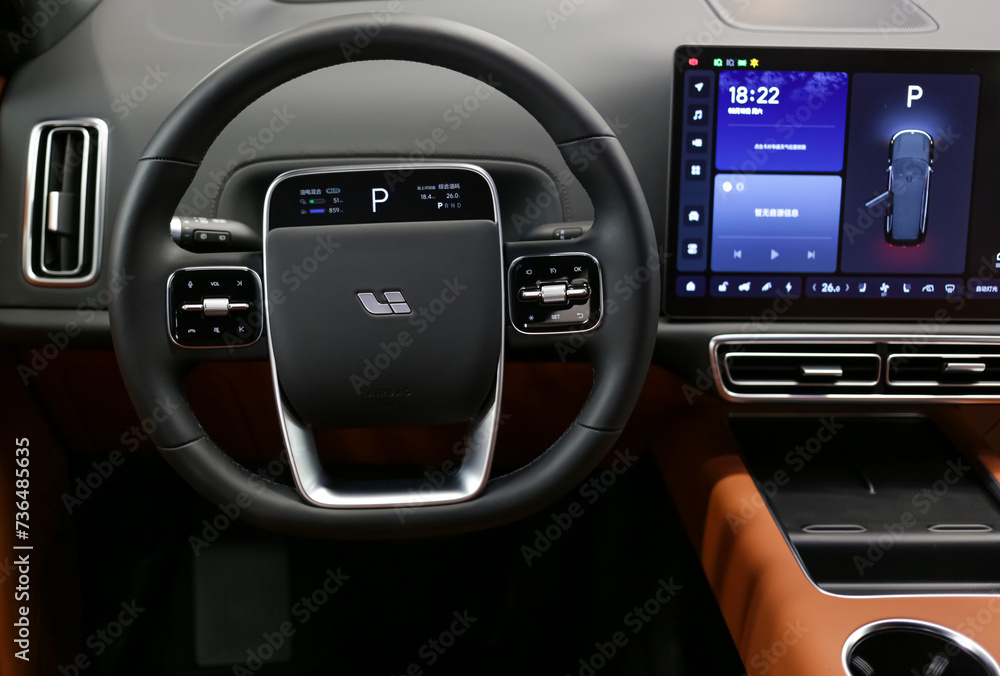 Interior of a car detail SUV Lixiang L9 luxury. Dashboard, steering ...