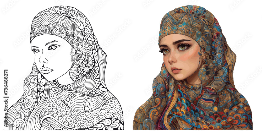 Arabic muslim woman. Hijab. Coloring book page for adult. Black and ...