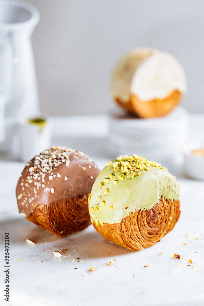 Fusion croissant called Cromboloni invented in New York. Round puff ...