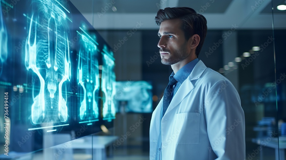 A young doctor in his 30s wearing medical attire looking at X-ray ...