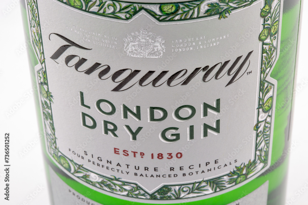 Tanqueray London dry gin bottle label closeup against white. Stock ...